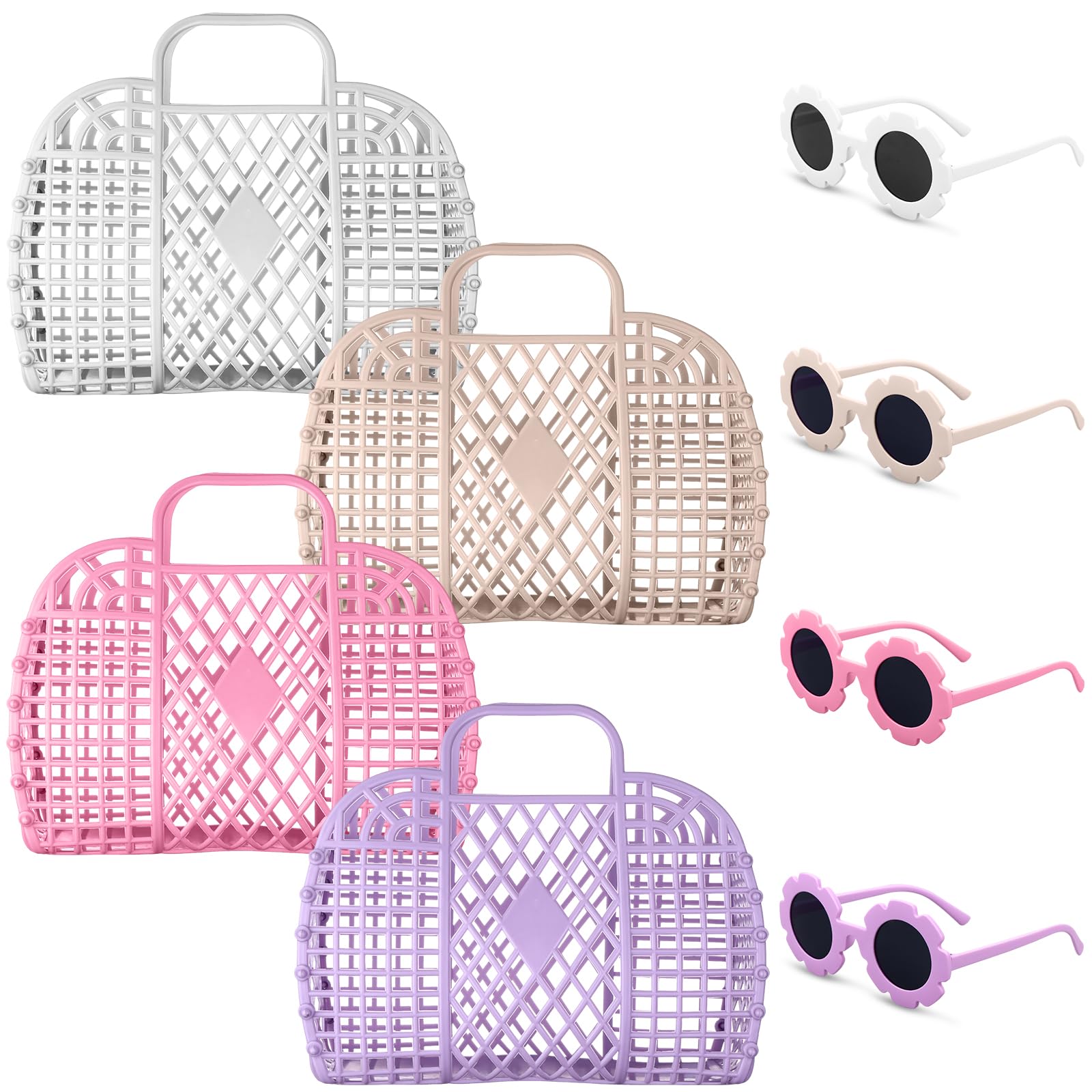 4 Sets Jelly Bags with Sunglasses for Women Wedding Jelly Purse Beach Bags Plastic Jelly Basket Flower Glasses for Bridal Wedding Party Gift