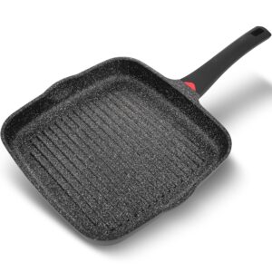 11 inch non stick grill pan granite coated with pour spout - lightweight 2.66 quart grill pan for indoor cooking with grip handle - induction compatible pfoa free stove top grill (black)