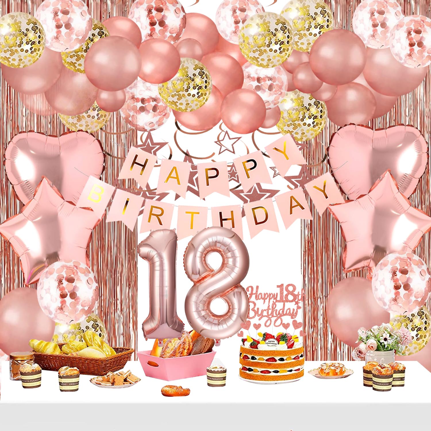 Foregiftsi 18th Rose Gold Birthday Party Decorations - Happy Birthday Banner, Fringe Curtain Heart Star Number 18 Foil Confetti Balloons Hanging Swirls Star Pendantx Cake Toppe for Women Girls