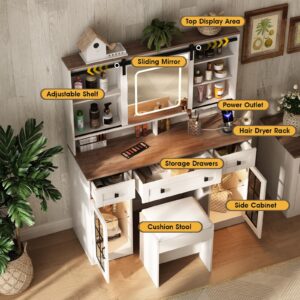 Fameill 45.5'' Farmhouse Makeup Vanity Desk with Sliding Mirror, Vanity Table with 3 Drawers and 2 Cabinets, Charging Station & LED Lights, Storage Shelves, Stool Included, Dressing Table for Bedroom