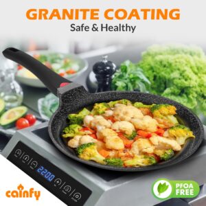 Non Stick 11 Inch Granite Coated Crepe Pan - Lightweight 4.27 Quart Dosa Pan with Comfort Stay Cool Grip Handle - Induction Compatible PFOA Free Tortilla Pan (Black)