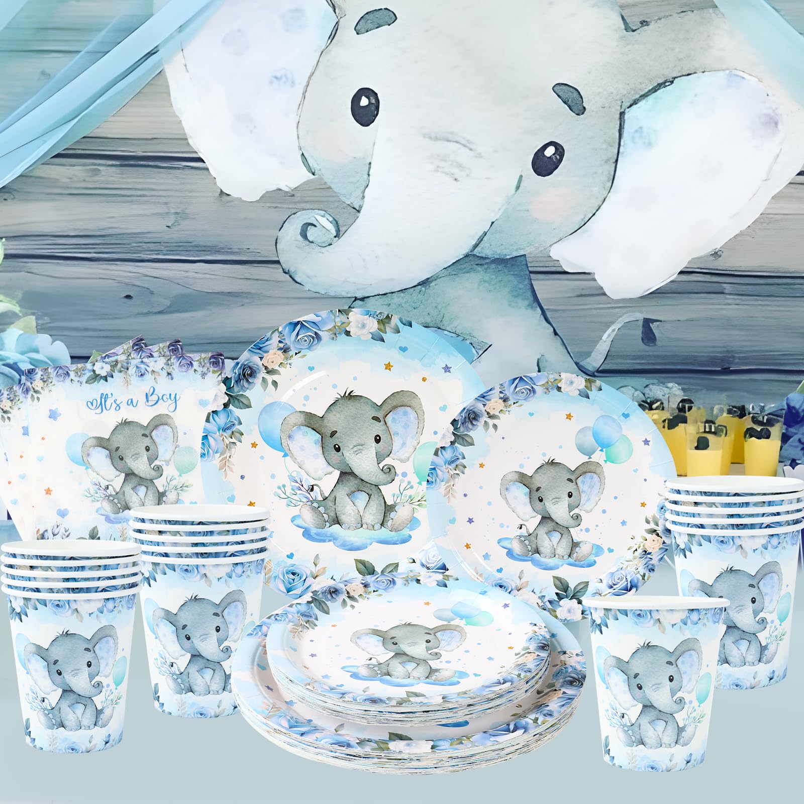 Boy Elephant Baby Shower Decorations Plates - Blue Elephant Plates Disposable Cups,Napkin with Blue flowers for 24 Elephant Theme Party Supplies,Baby Shower Wedding Birthday Party