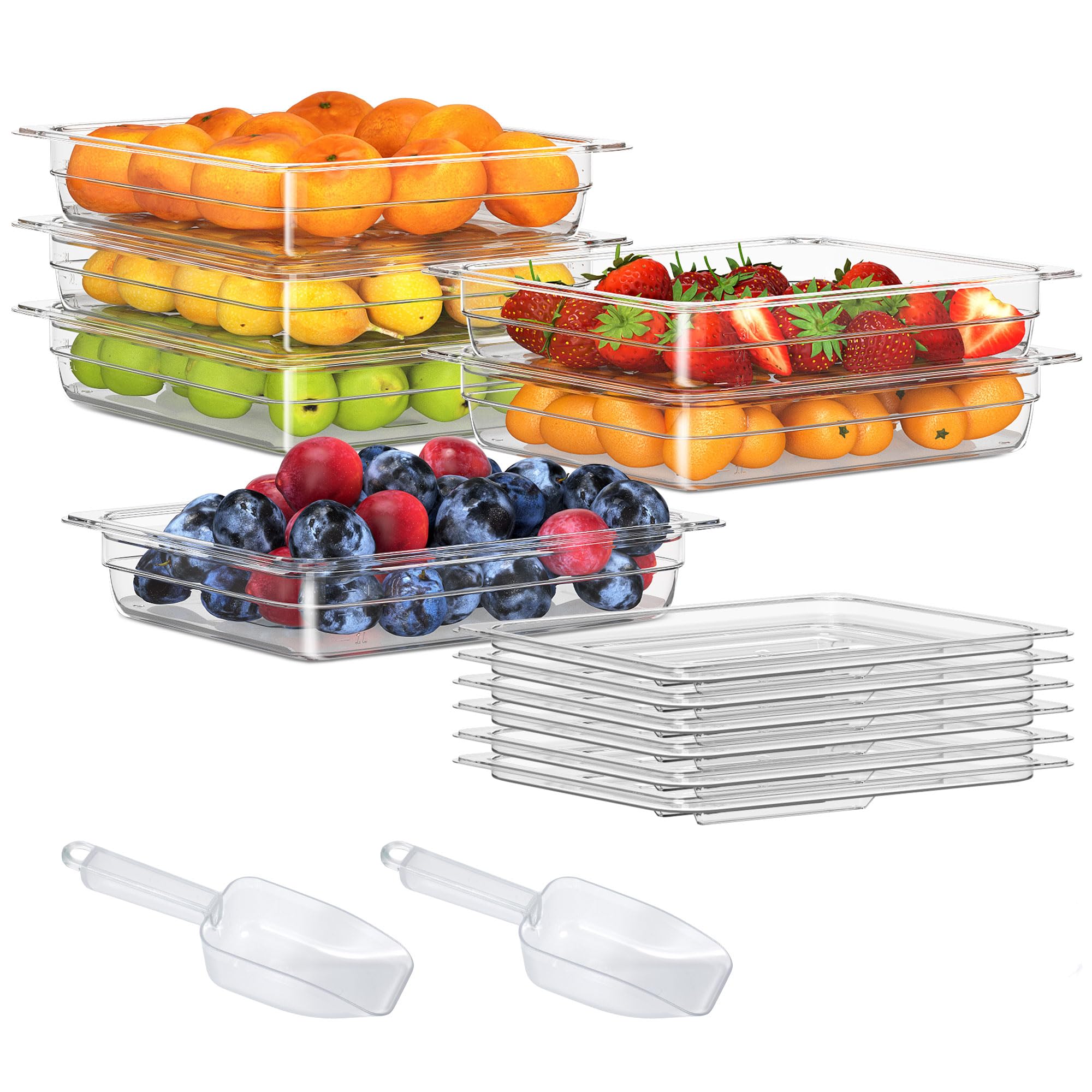 HNEDSEN 6 Pack Plastic Food Pan with Lid 1/2 Size 2.5 Inch Deep Restaurant Clear Food Storage Containers Polycarbonate Commercial Hotel Pans for Fruits Vegetables Beans Corns (6 PCS, 2.5'' Deep)