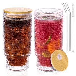 cwhhrn 16oz glass cups with lids and straws, vintage embossed glassware for whiskey cocktail beer, iced coffee cups with lid, glass tumbler with straw and lid (2 pack)