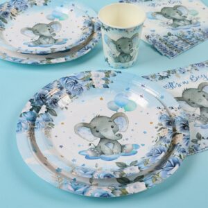 Boy Elephant Baby Shower Decorations Plates - Blue Elephant Plates Disposable Cups,Napkin with Blue flowers for 24 Elephant Theme Party Supplies,Baby Shower Wedding Birthday Party