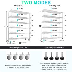 Dolonm 6-Tier Storage Shelves Wire Shelving Unit, 6000 LBS NSF Height Adjustable Shelves Organizer with Wheels, 18"L x 60"W x 87.5"H, Heavy Duty Garage Shelving for Restaurant, Office, Kitchen, Chrome