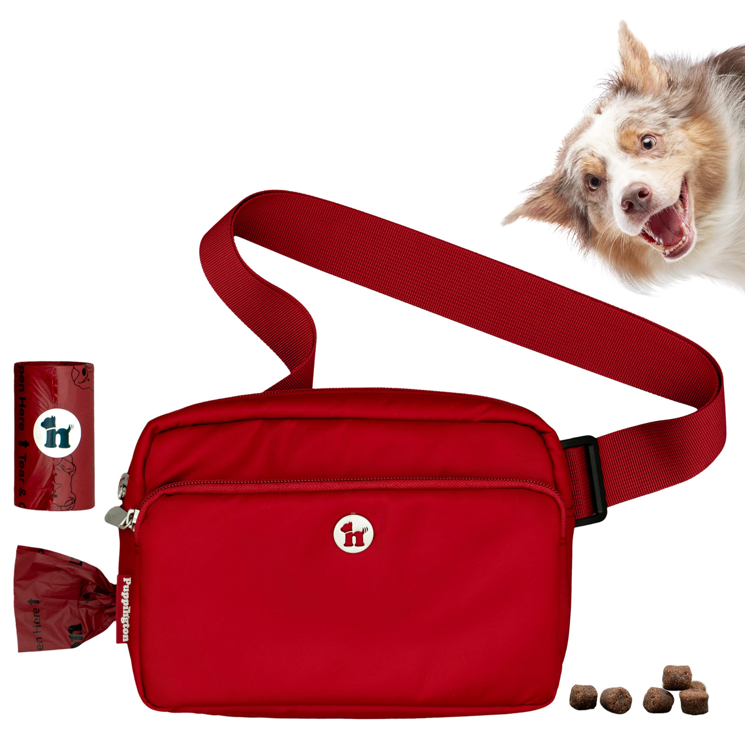 Puppington 3-in-1 Crossbody Bag & Dog Treat Pouch for Pet Training - Matching Poop Bags & Built-In Poop Bag Dispenser - Zippered Pockets - Dog Walking Bag for Office to Off-Leash (Ruby Red)