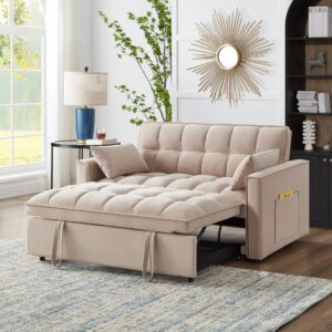 velvet sleeper sofa couch bed, 4 in 1 small modern convertible loveseat futon sofa with pullout bed and adjustable backrest for small space living room apartment office studio lounge reading taupe