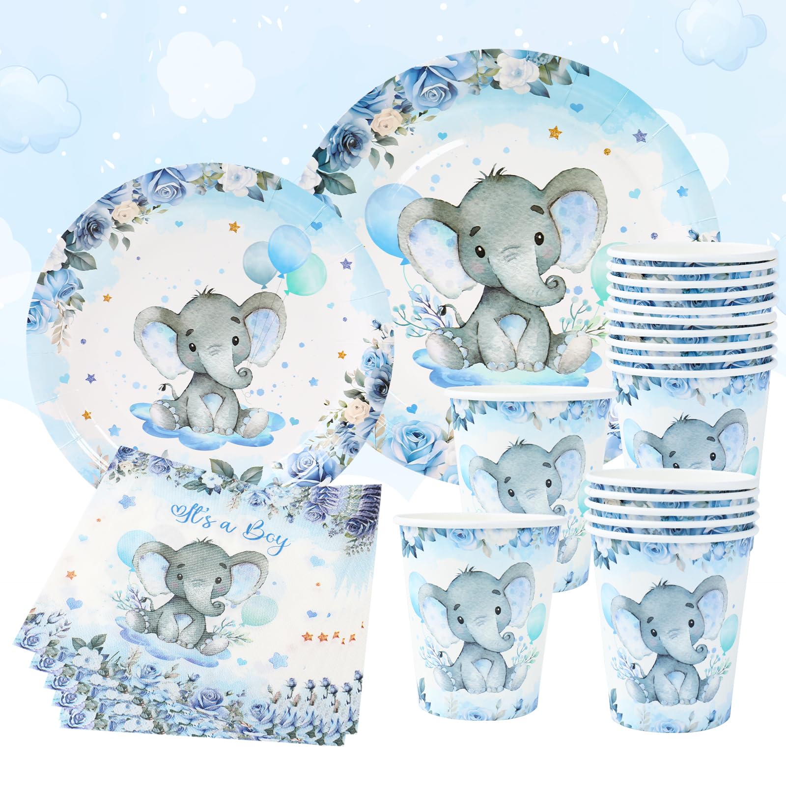 Boy Elephant Baby Shower Decorations Plates - Blue Elephant Plates Disposable Cups,Napkin with Blue flowers for 24 Elephant Theme Party Supplies,Baby Shower Wedding Birthday Party