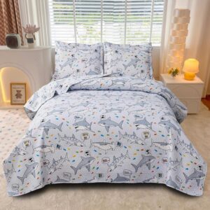 Beach Bedding Kids Twin Size Quilt Set Shark Quilt Bedding Summer Cool Lightweight Quilt Coastal Bedding Reversible Quilt Bedspread Ocean Quilt Grey Shark Animal Quilts Coverlet with Pillow Shams