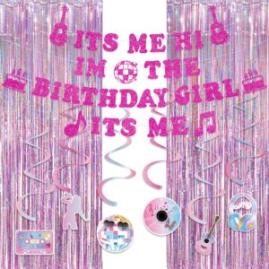 Glitter Popular Birthday Party Decorations Set - NO DIY - Its Me Hi Im The Birthday Girl Its Me Banner & Hanging Swirls & Foil Fringe Curtain for Pink Girls Fans Singer Birthday Party