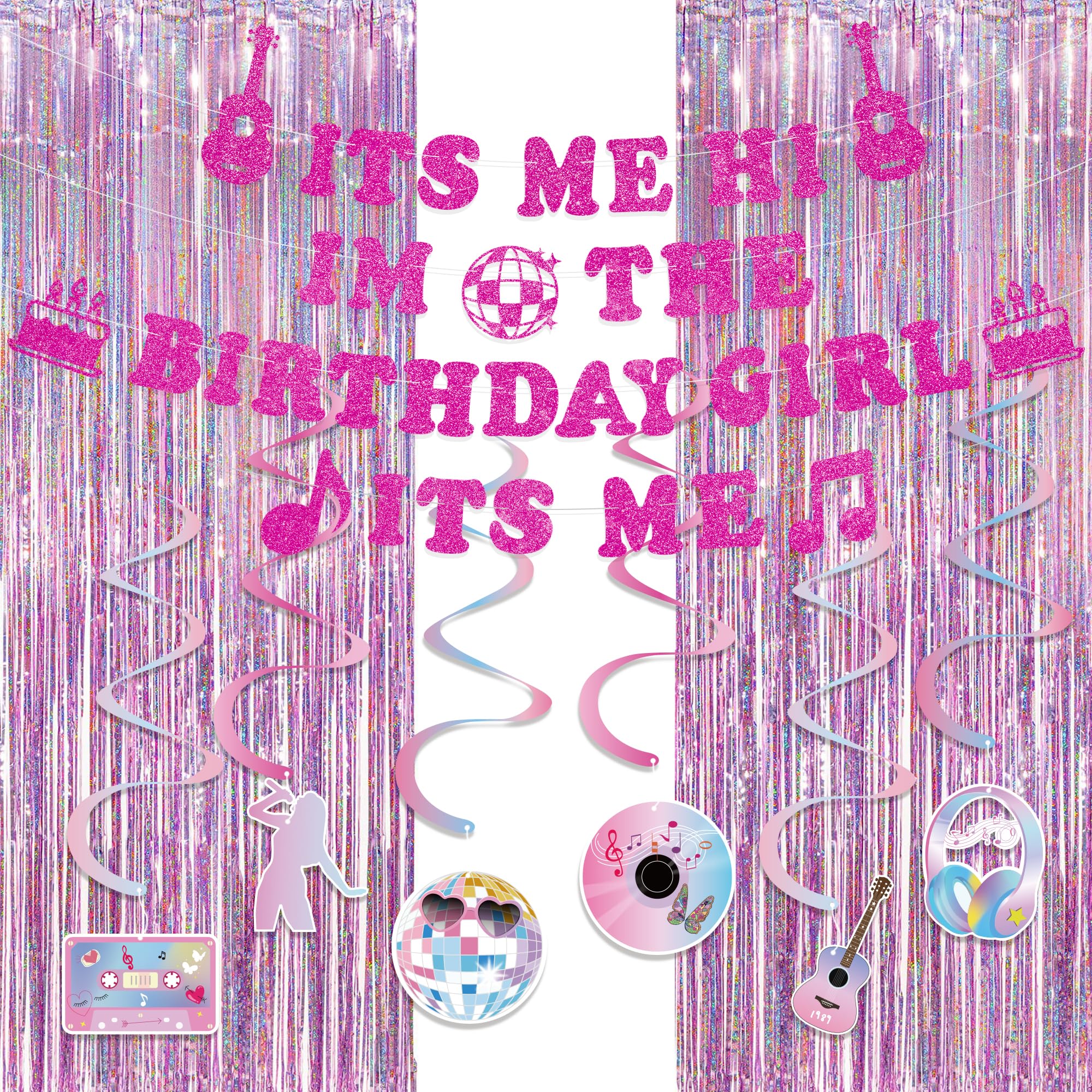 Glitter Popular Birthday Party Decorations Set - NO DIY - Its Me Hi Im The Birthday Girl Its Me Banner & Hanging Swirls & Foil Fringe Curtain for Pink Girls Fans Singer Birthday Party