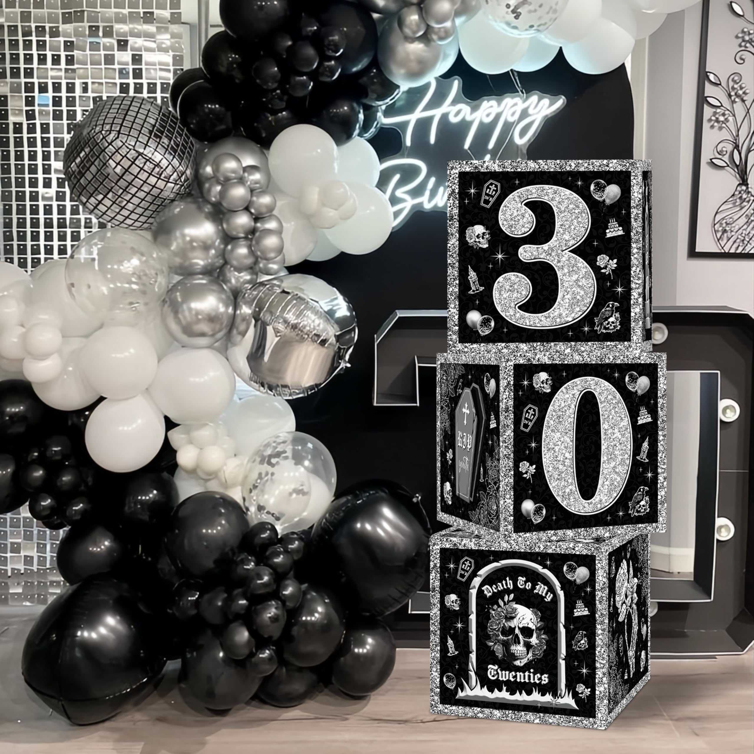 Death to My 20s Decorations 30th Birthday Decorations Boxes for Her Him, Rip to My 20s Balloon Blocks Black Balloon Boxes with Letters for Funeral for My Youth Dirty 30 Birthday Party Supplies