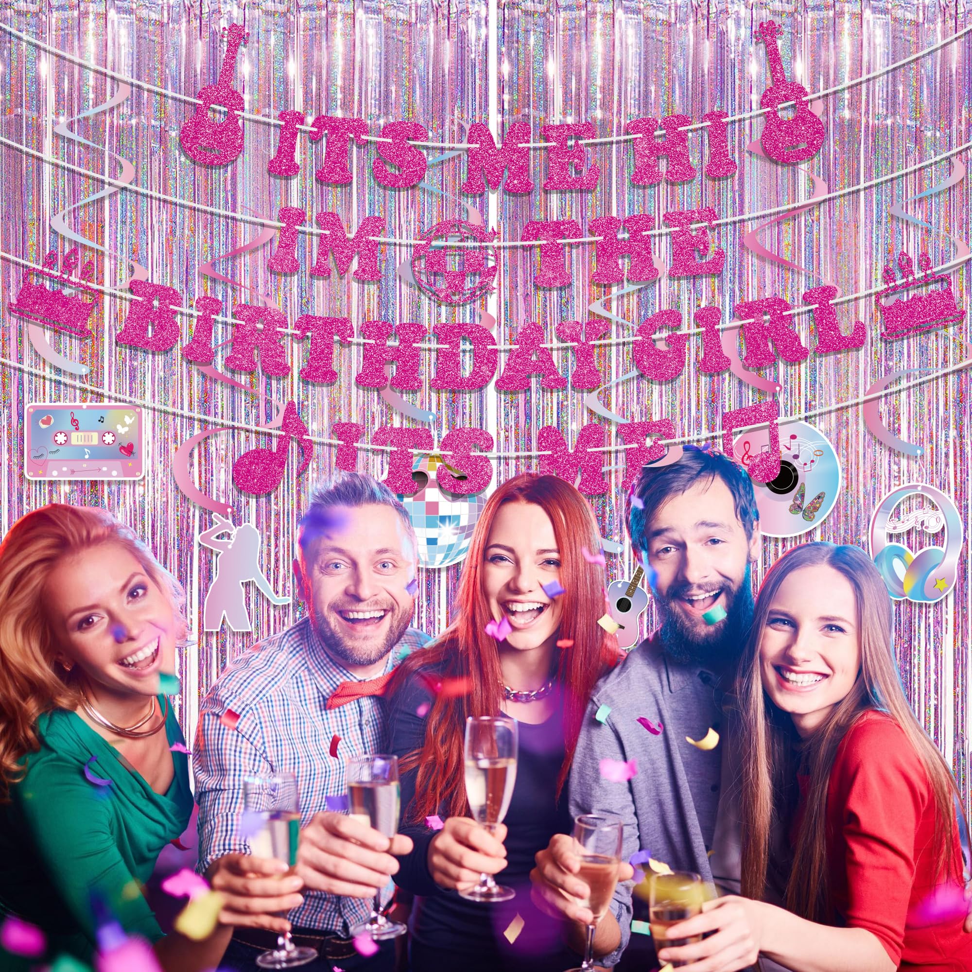 Glitter Popular Birthday Party Decorations Set - NO DIY - Its Me Hi Im The Birthday Girl Its Me Banner & Hanging Swirls & Foil Fringe Curtain for Pink Girls Fans Singer Birthday Party