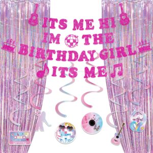 glitter popular birthday party decorations set - no diy - its me hi im the birthday girl its me banner & hanging swirls & foil fringe curtain for pink girls fans singer birthday party