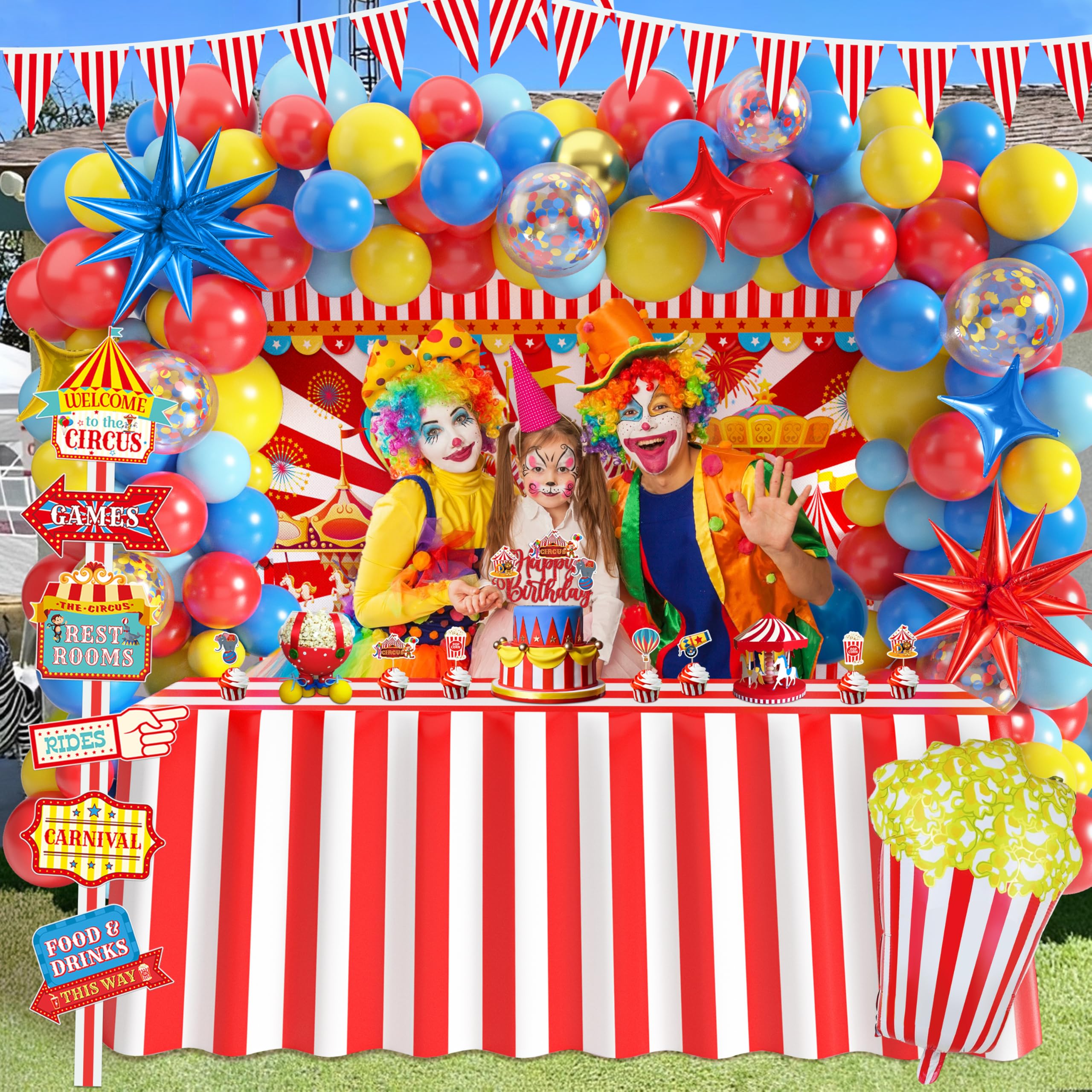 Carnival Party Decorations Circus Theme Birthday Party Supplies Including Red Blue Yellow Balloon Garland Arch Kit Table Skirt Circus Directional Sign Triangle Bunting for Birthday Party