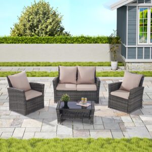 patio furniture set 4 pieces outdoor rattan chair wicker sofa garden conversation bistro sets with tempered glass coffee table & cushion for porch, yard, pool, backyard