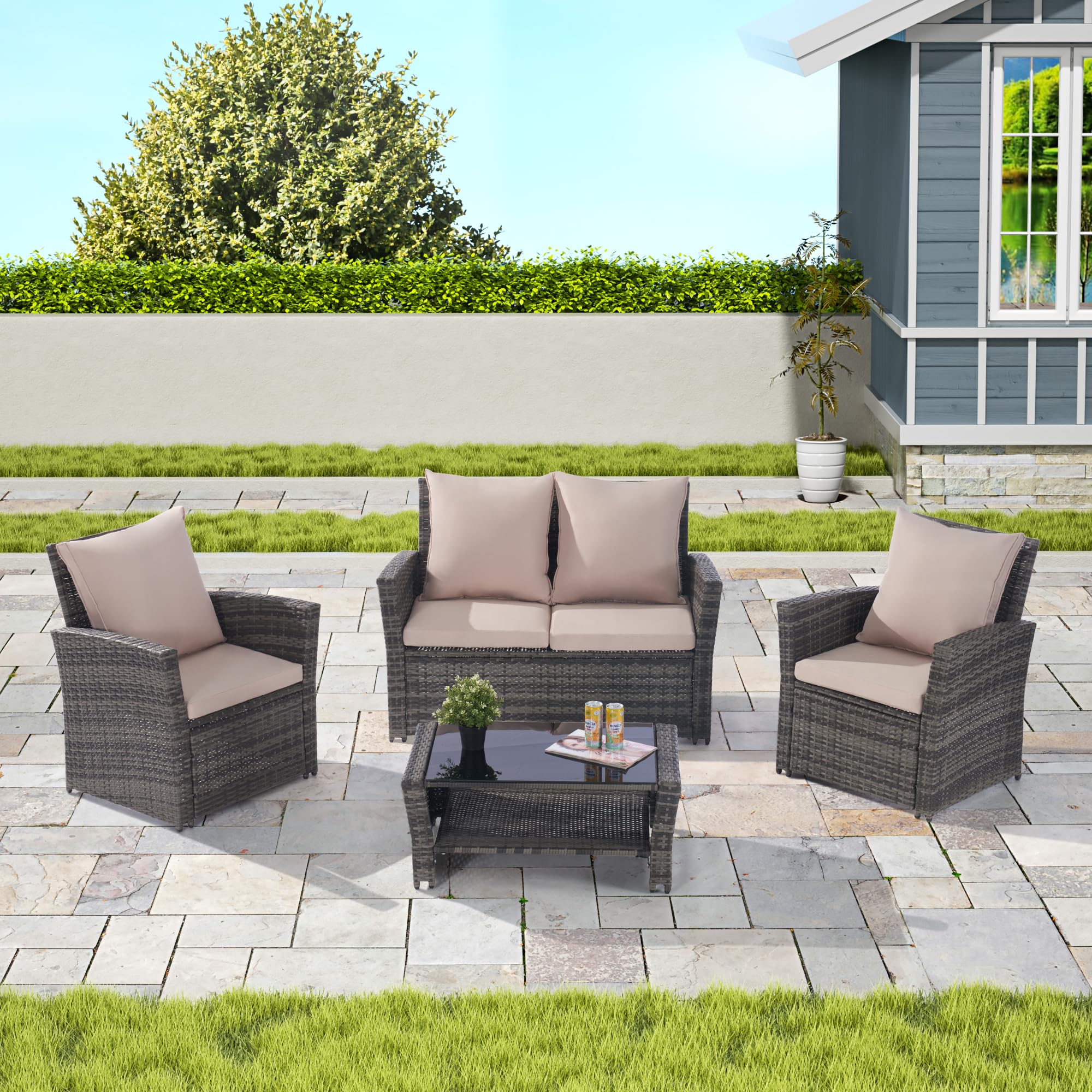 Patio Furniture Set 4 Pieces Outdoor Rattan Chair Wicker Sofa Garden Conversation Bistro Sets with Tempered Glass Coffee Table & Cushion for Porch, Yard, Pool, Backyard