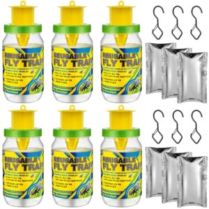 qualirey 6 pack outdoor hanging fly trap bottles, reusable fly killer trap catcher with bait refill for outside farms, pastures, chicken coops, stables, barns, garbage cans, yard, backyard, patio