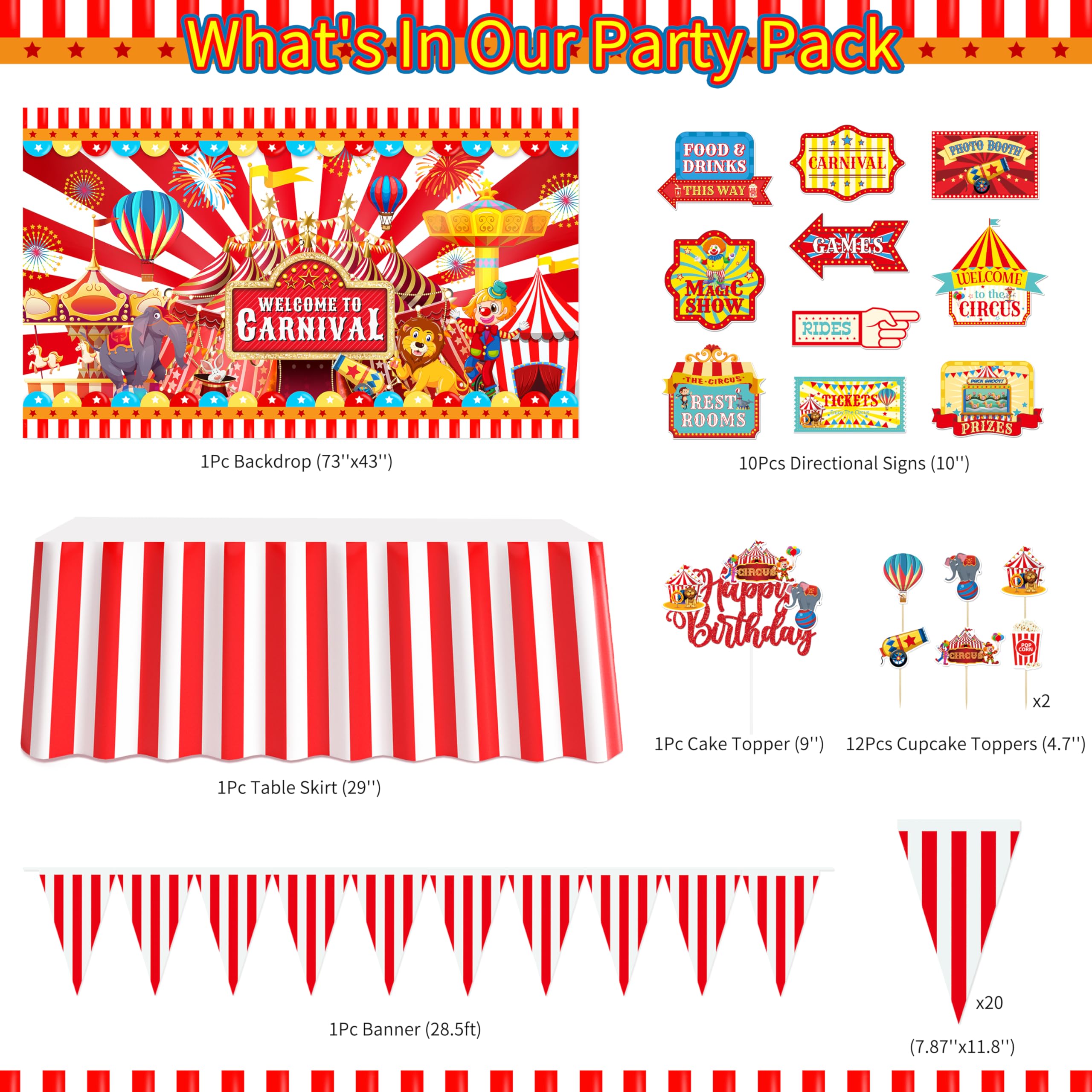 Carnival Party Decorations Circus Theme Birthday Party Supplies Including Red Blue Yellow Balloon Garland Arch Kit Table Skirt Circus Directional Sign Triangle Bunting for Birthday Party