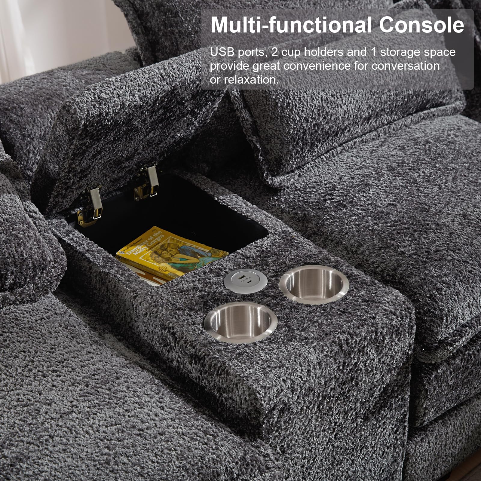 KIVENJAJA 123” Modular Sectional Couch with Console, Cup Holders and USB Ports, Modern U-Shaped Cloud Sofa w/Double Chaise & Deep Seat for Living Room, Chenille, Grey