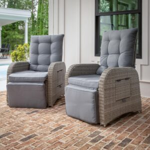 bizchair indoor/outdoor patio wicker rattan recliner lounge chair with flip up side table, gray