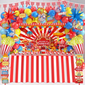 carnival party decorations circus theme birthday party supplies including red blue yellow balloon garland arch kit table skirt circus directional sign triangle bunting for birthday party