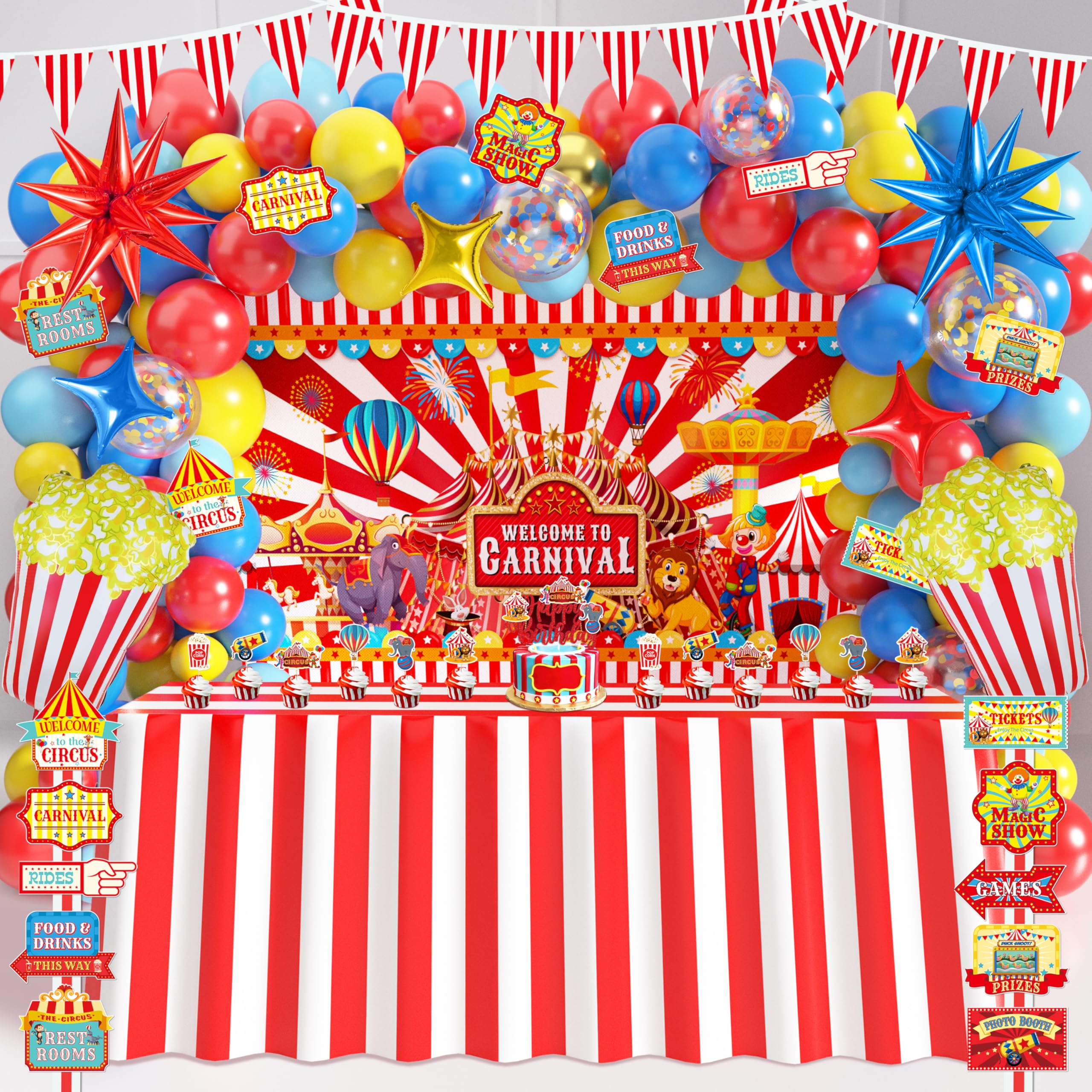 Carnival Party Decorations Circus Theme Birthday Party Supplies Including Red Blue Yellow Balloon Garland Arch Kit Table Skirt Circus Directional Sign Triangle Bunting for Birthday Party