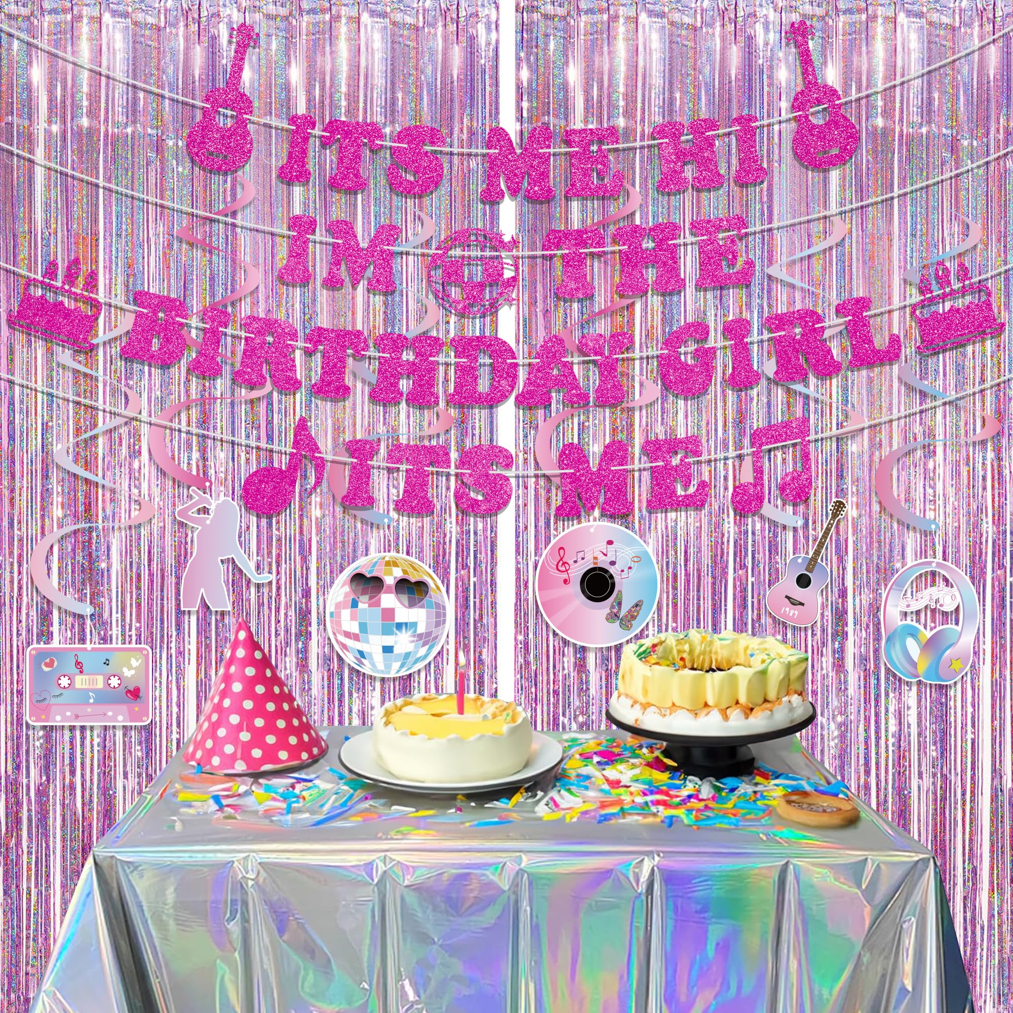 Glitter Popular Birthday Party Decorations Set - NO DIY - Its Me Hi Im The Birthday Girl Its Me Banner & Hanging Swirls & Foil Fringe Curtain for Pink Girls Fans Singer Birthday Party