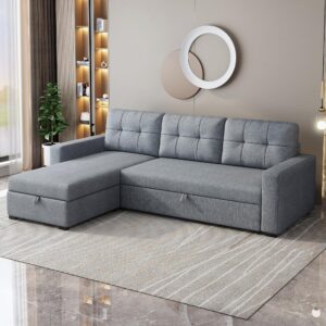 acqca 81.5" sectional sleeper sofa with chaise storage and pull-out bed,living room convertible couch with tufted linen backrest,reversible 3-seater for apartment,office,light grey