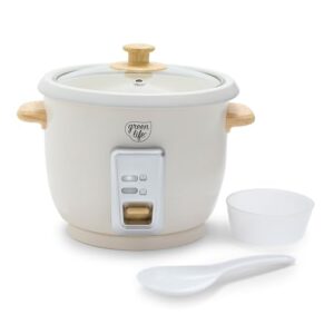 greenlife 6-cup rice cooker steamer, pfas free removable ceramic nonstick pot, auto presets, wood print handle, keep warm function, one touch design, dishwasher safe, measuring cup, rice paddle, cream