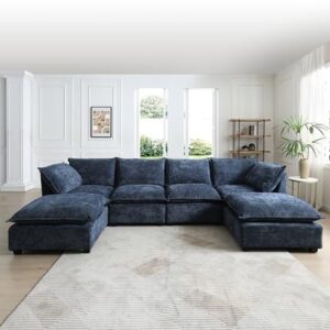 6 Seater Oversized Deep Seat Convertible Modular Sectional Sofa, Free Combination Reversible Sleeper Corner Couch with Movable Ottomans Sets and Solid Wood Legs for Living Room Office