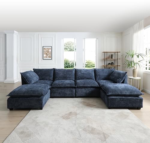 6 Seater Oversized Deep Seat Convertible Modular Sectional Sofa, Free Combination Reversible Sleeper Corner Couch with Movable Ottomans Sets and Solid Wood Legs for Living Room Office