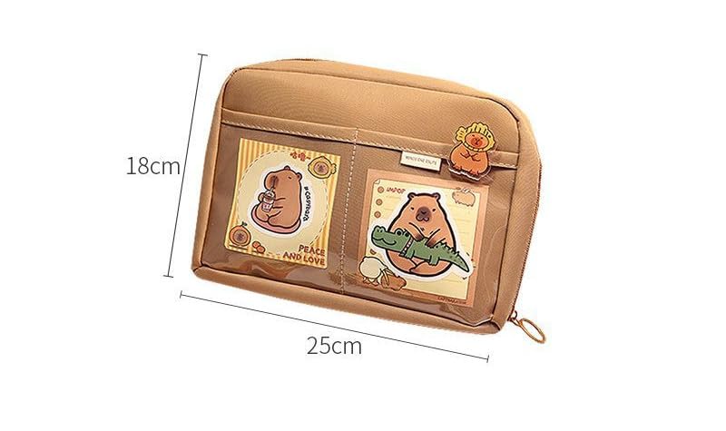 NAPIMICO Cute Capybara Pencil Case with 12 Compartments 90° Wide Opening Mouth Pencil Pouch with Kawaii Pins Plush Cute Stationery (Brown)