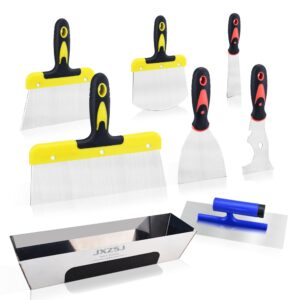 jxzsj-drywall knife set, 8 pieces stainless steel drywall hand tool kit includes taping knife, putty knives, putty knife scraper, finishing trowel, paint scraper, stainless steel mud pan.