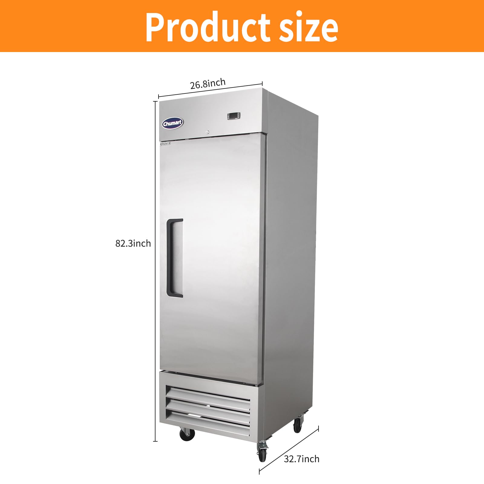 CHUMART 27" Commercial Freezer with Single Solid Door, 23 Cu.ft Fan Cooling Stainless Steel Upright Freezer, LED Lighting, 3 Shelves for Restaurant, Commercial Kitchen, Home,Bar, Shop, etc