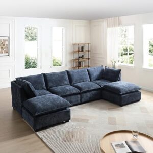 6 Seater Oversized Deep Seat Convertible Modular Sectional Sofa, Free Combination Reversible Sleeper Corner Couch with Movable Ottomans Sets and Solid Wood Legs for Living Room Office