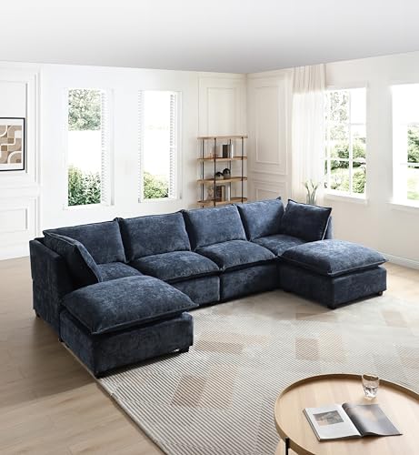 6 Seater Oversized Deep Seat Convertible Modular Sectional Sofa, Free Combination Reversible Sleeper Corner Couch with Movable Ottomans Sets and Solid Wood Legs for Living Room Office