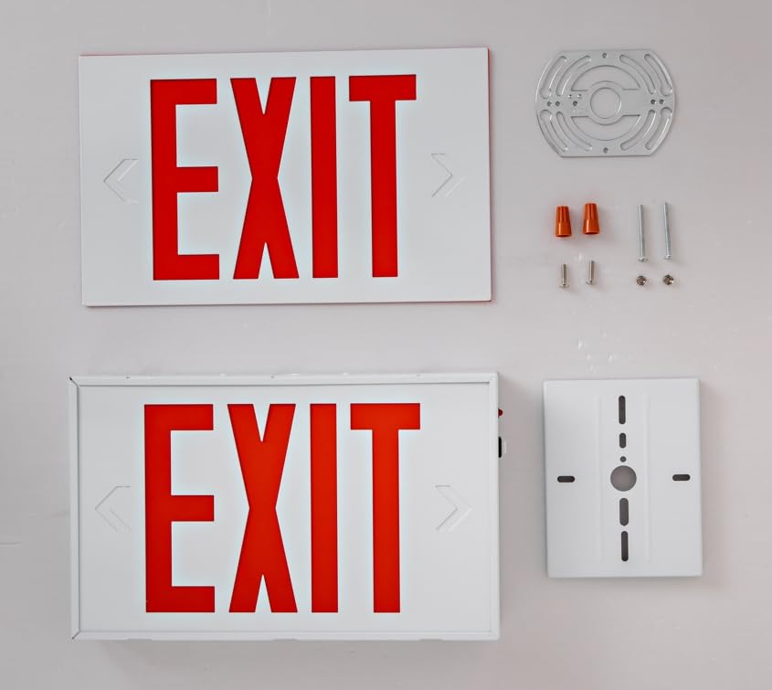 TANLUX Red Exit Sign with Steel Housing, LED Emergency Exit Light with Battery Backup, UL Listed, AC 120/277V, Commercial Emergency Lights for Business