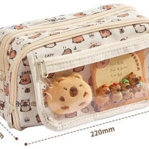 NAPIMICO Flip Top Pencil Case Cute Pencil Pouch with Kawaii Capybara Decors Makeup Bag Aesthetic Pen Holder Office Stationery (Brown)