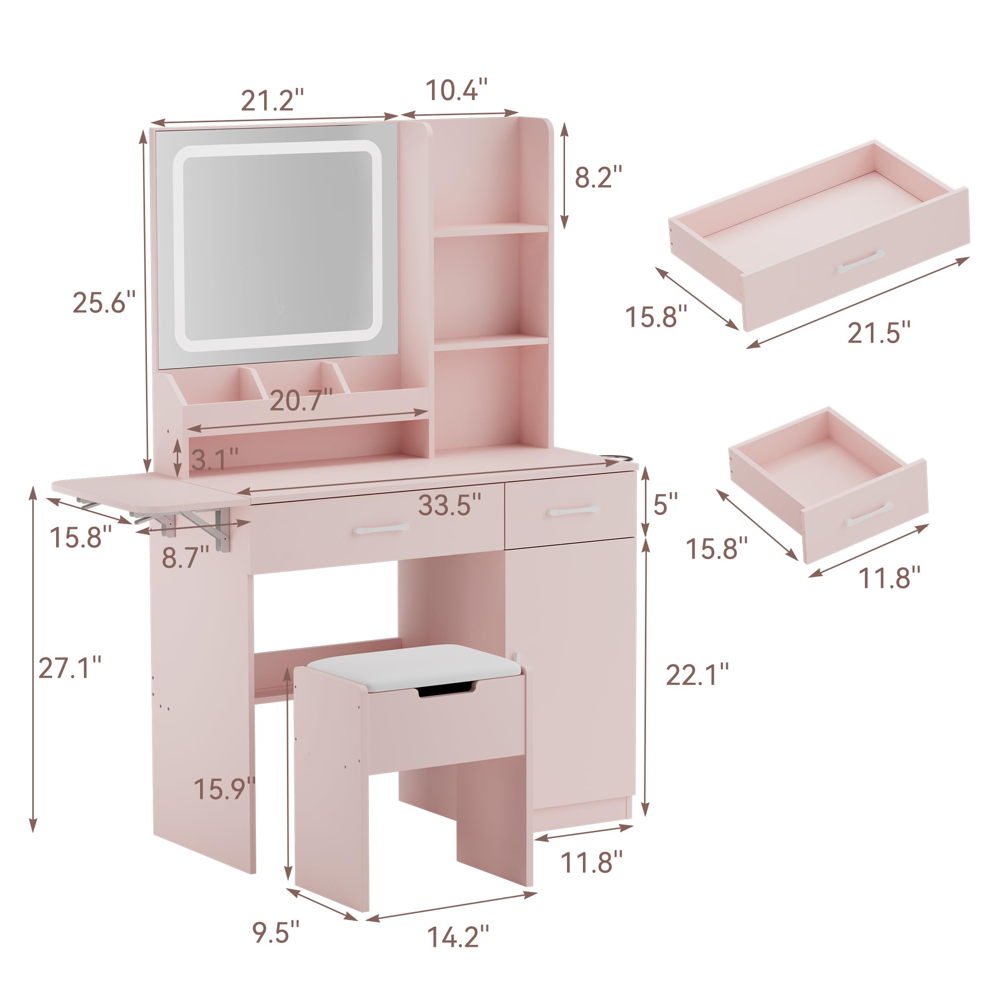 Dowinx Vanity Desk with Mirror and Light, Makeup Vanity with Power Outlet & Storage Stool, Vanity Table with 3 Drawers & 7 Open Shelves, Adjustable 3 Lighting Colors for Bedroom, Pink