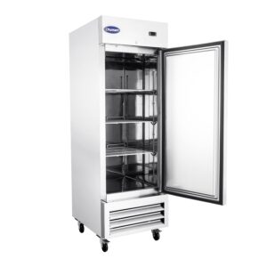 chumart 27" commercial freezer with single solid door, 23 cu.ft fan cooling stainless steel upright freezer, led lighting, 3 shelves for restaurant, commercial kitchen, home,bar, shop, etc