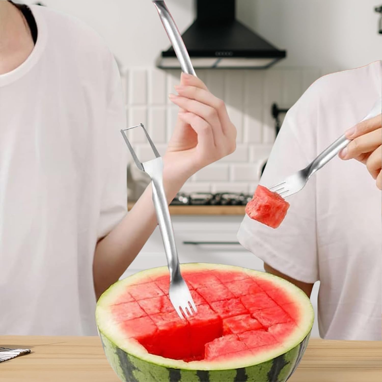 Generic 2-in-1 Stainless Steel Fruit Cutter, 2024 New Upgrade Watermelon Fork Slicer Cutter Slicer Tool, Dual Head Fruit Forks Slicer Knife,Summer Watermelon Fruit Cutting Home Kitchen Gadgets (2Pcs)