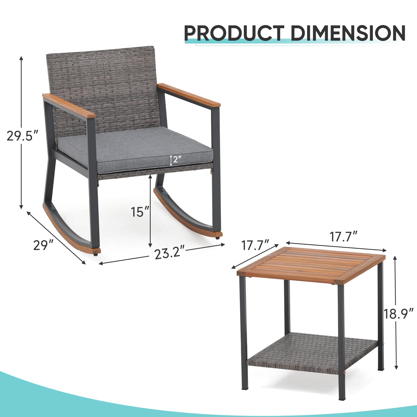 Verano Garden 3 Pieces Rocking Bistro Set, Small Wicker Patio Furniture Set with 2-Tier Coffee Table for Porch,Balcony,Yard,Garden, Light Gray