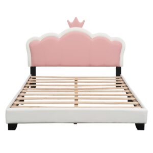 Merax Kid Full Upholstered Day Bed Frame with Crown Headboard, Wood Princess Low Platform Bed for Boys Girls,Easy Assemble White+Pink