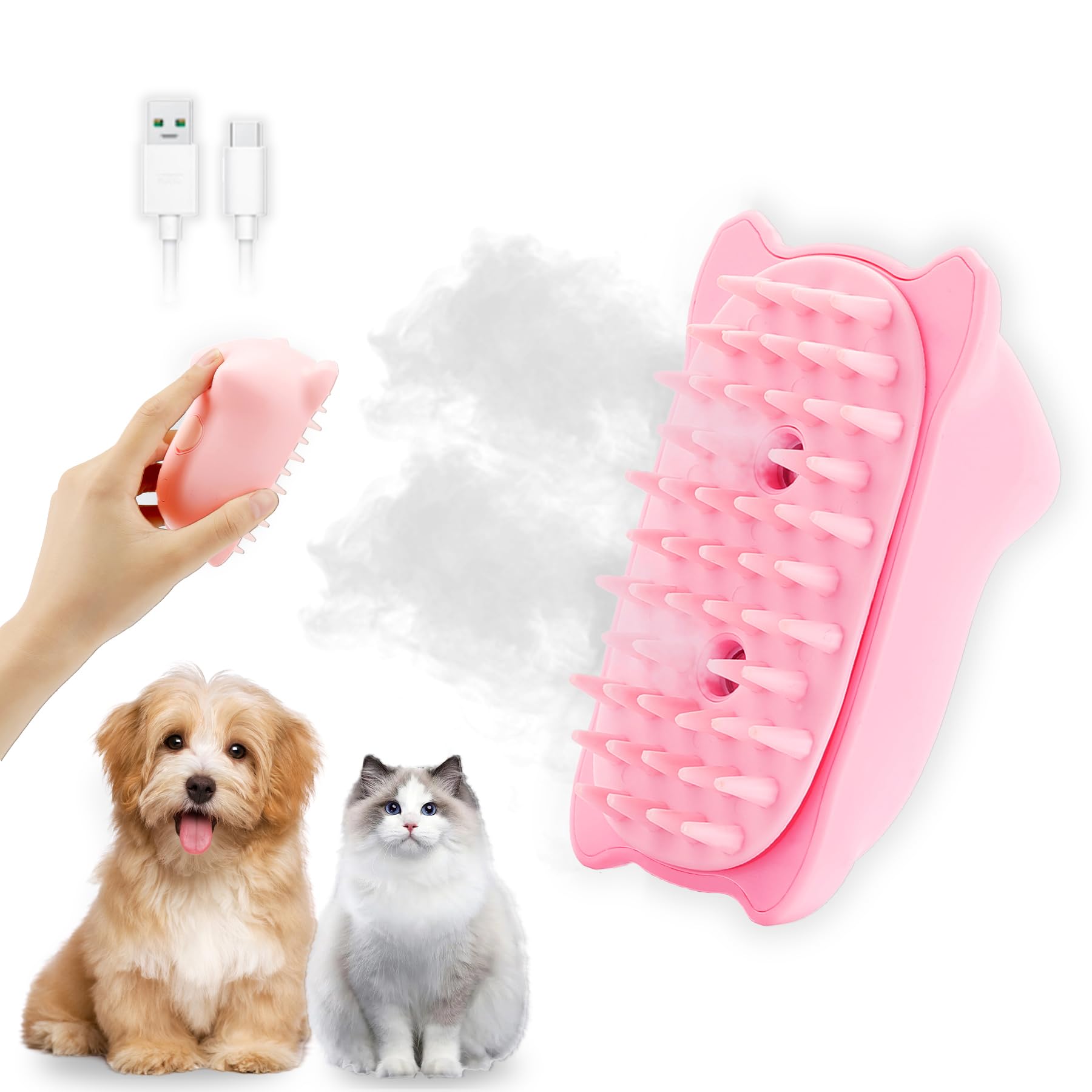 Cat Steam Brush, 3 in 1 Cat Steamy Brush for Shedding Grooming Brush With Steam, Rechargeable Silicone Pet Brush for Cat Dog Shedding, Massage, and Clean Comb -Pink