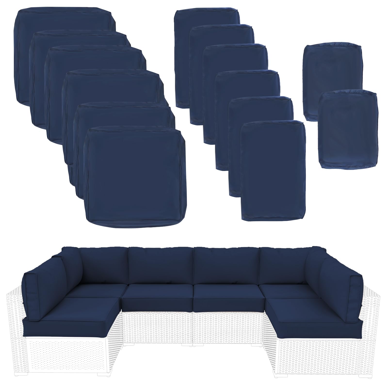 14 Pcs Outdoor Cushion Slipcovers Outdoor Patio Cushion Covers Replacement Waterproof with Zipper for Outdoor Furniture, Patio Sofa Couch 3 Sizes, Covers Only (Navy Blue)