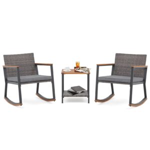 verano garden 3 pieces rocking bistro set, small wicker patio furniture set with 2-tier coffee table for porch,balcony,yard,garden, light gray