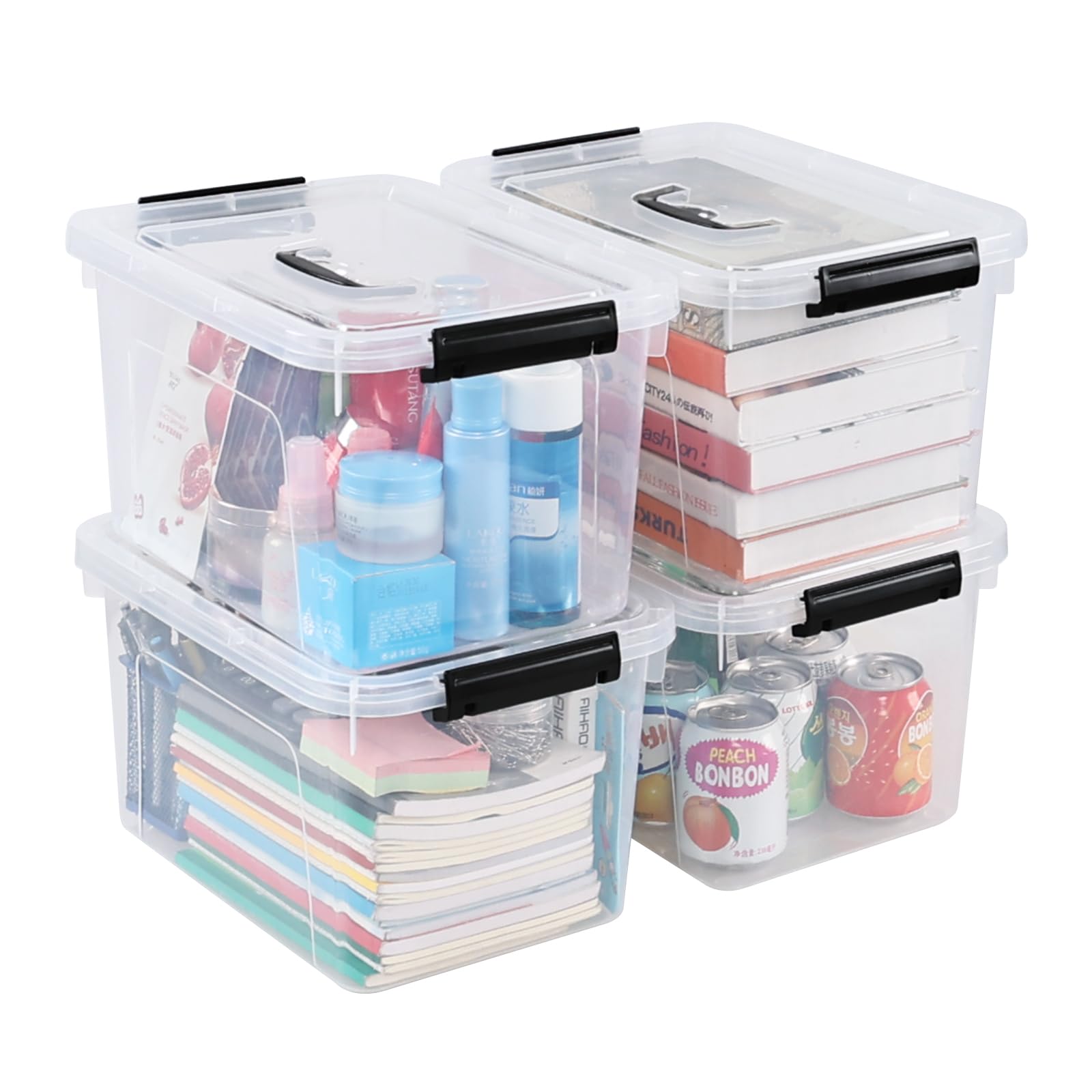 Guankan 4-Pack 10 L Plastic Storage Bin with Handle, Clear Latching Container Box