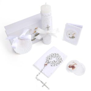 baptism candle set for boys girls,5 pcs baptism kit catholic candle,baptism towel,baptism shell,rosary,bible for baby dedication christening gift,velas para primera comunión de niño bautizo de niña